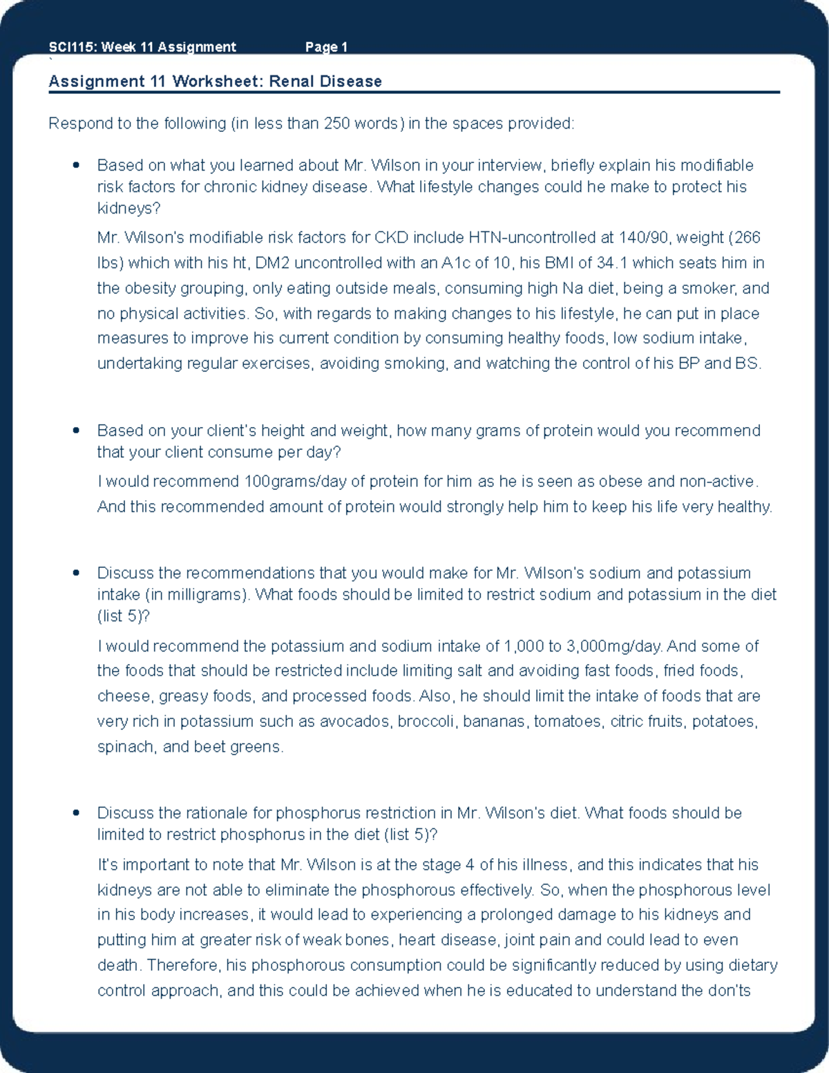 SCI115 wk11 assn fdoreen 12172022 - SCI115: Week 11 Assignment Page 1 ` Assignment 11 Worksheet ...