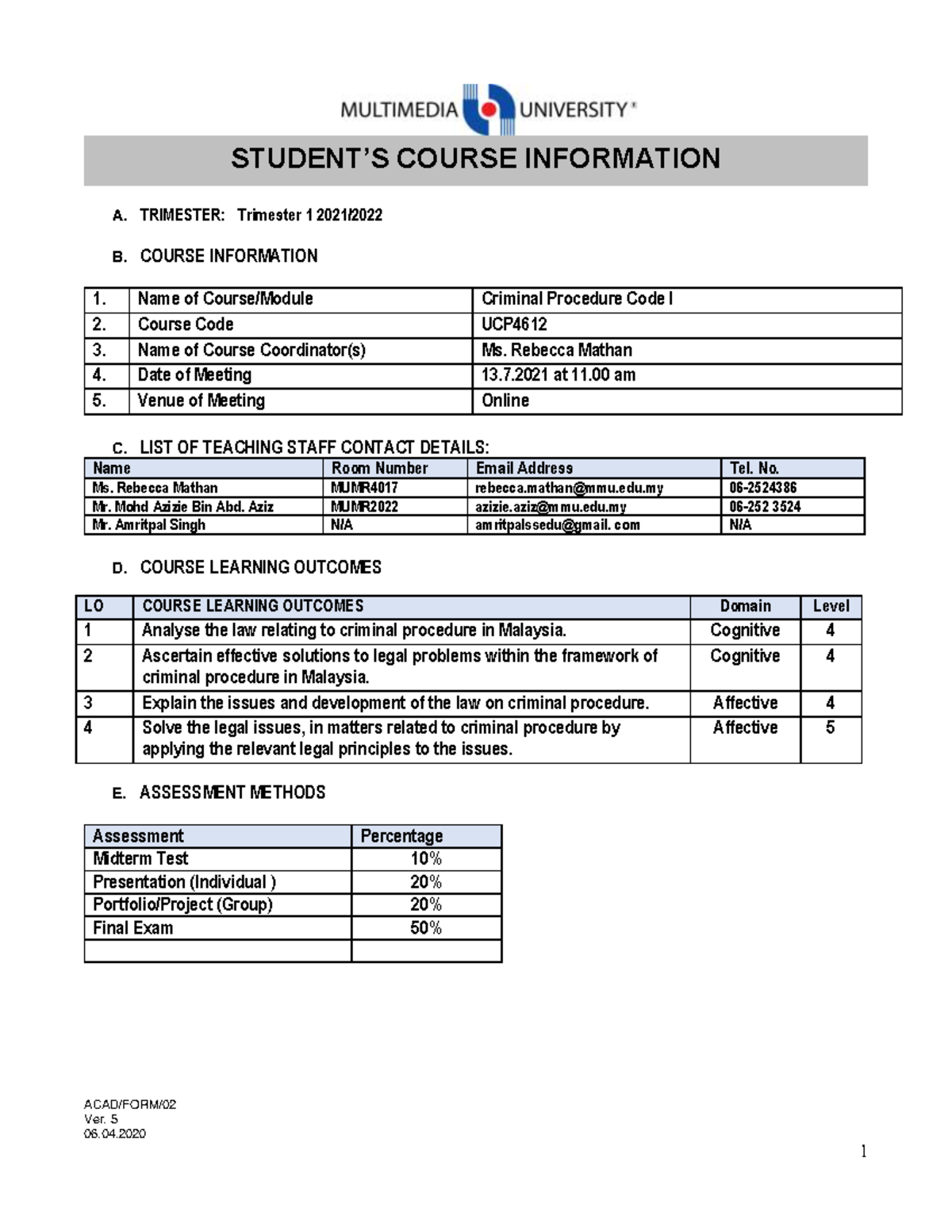 3- Course Information Student Version Ver5 - ACAD/FORM/ Ver. 5 06. A ...