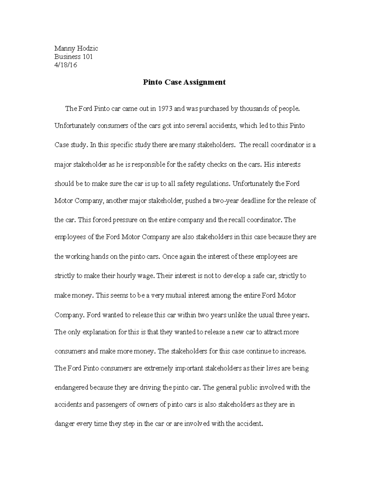 Pinto Case Assignment - Manny Hodzic Business 101 4/18/ Pinto Case ...