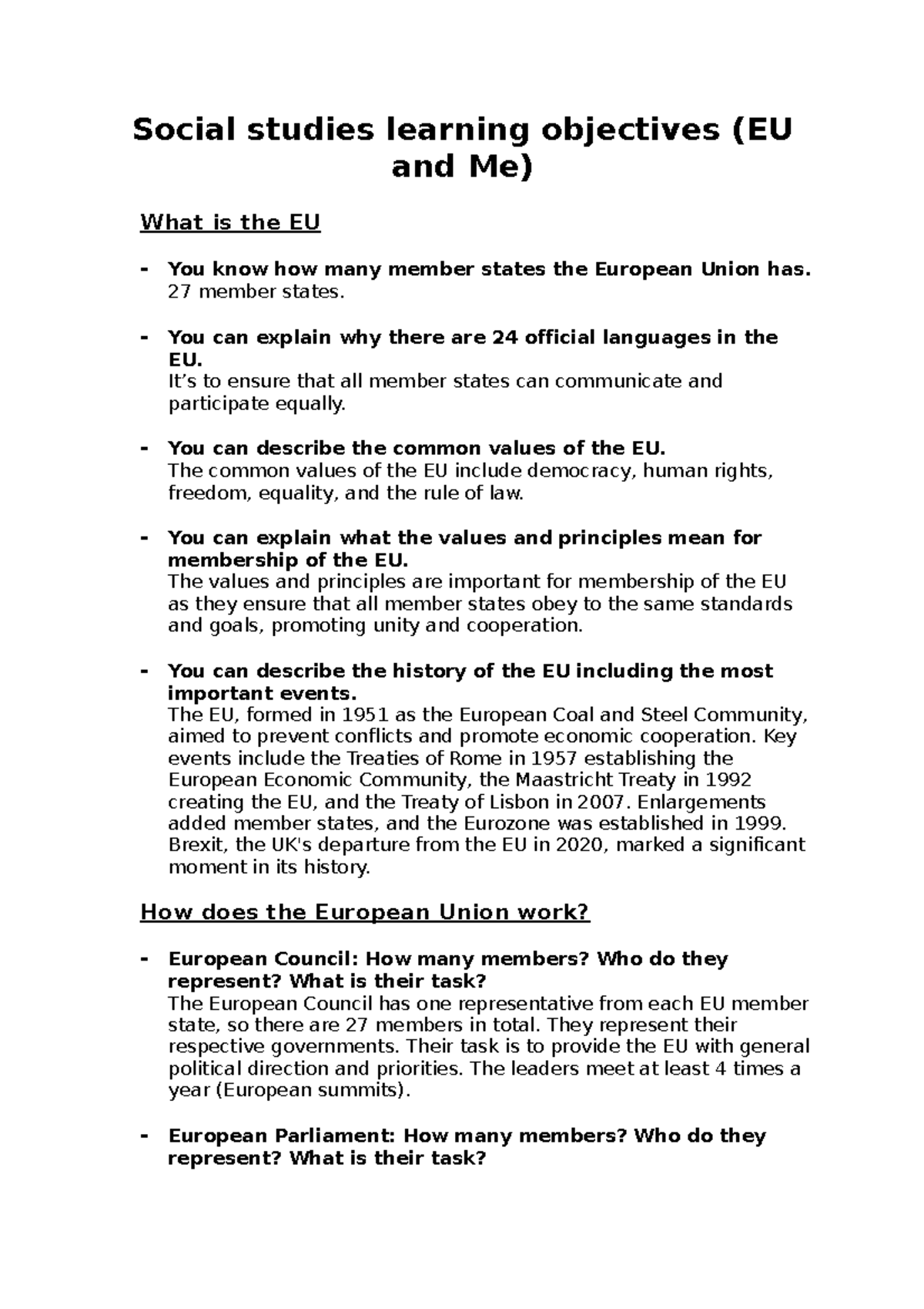 Social studies learning objectives - 27 member states. You can explain ...