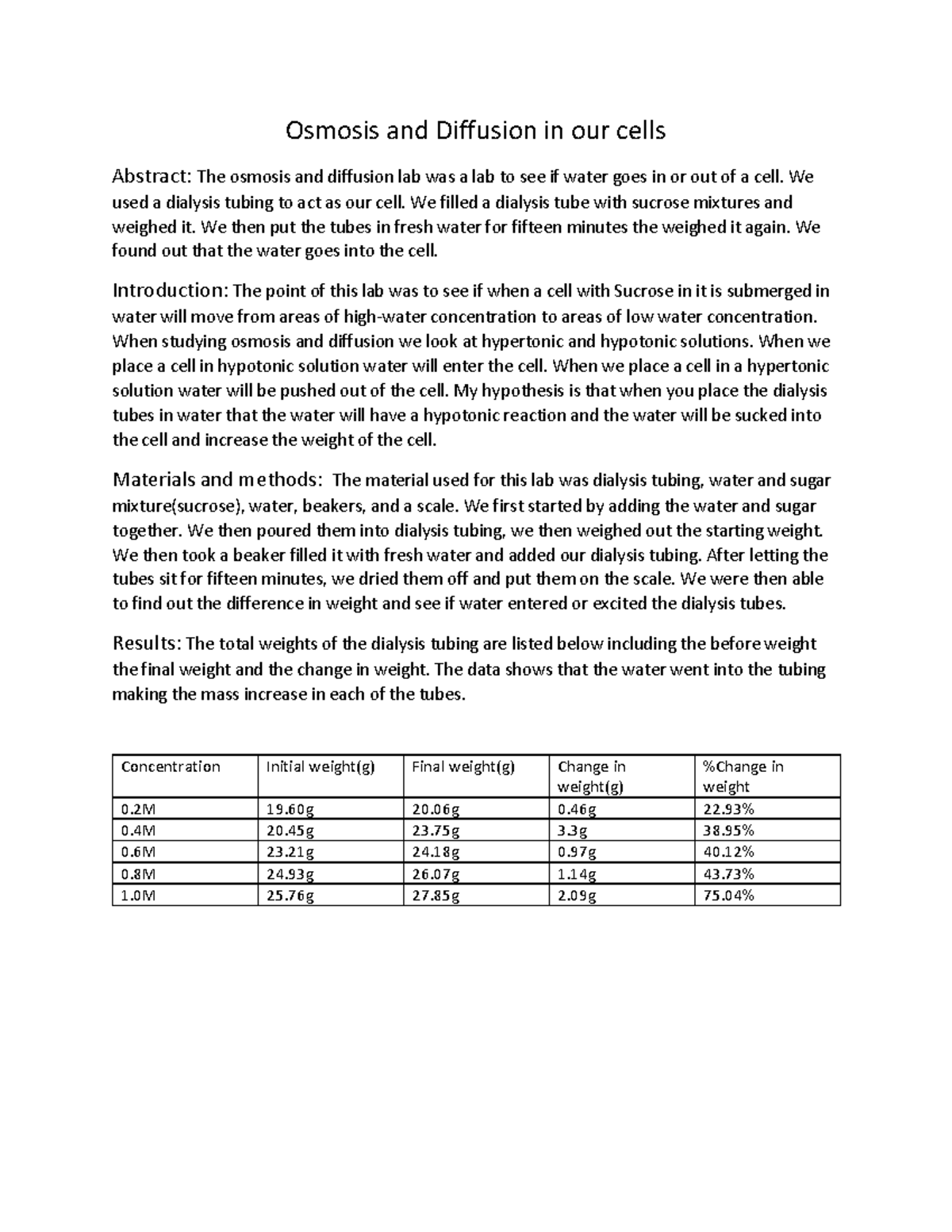 Bio Final - Osmosis and Diffusion in our cells Abstract: The osmosis ...