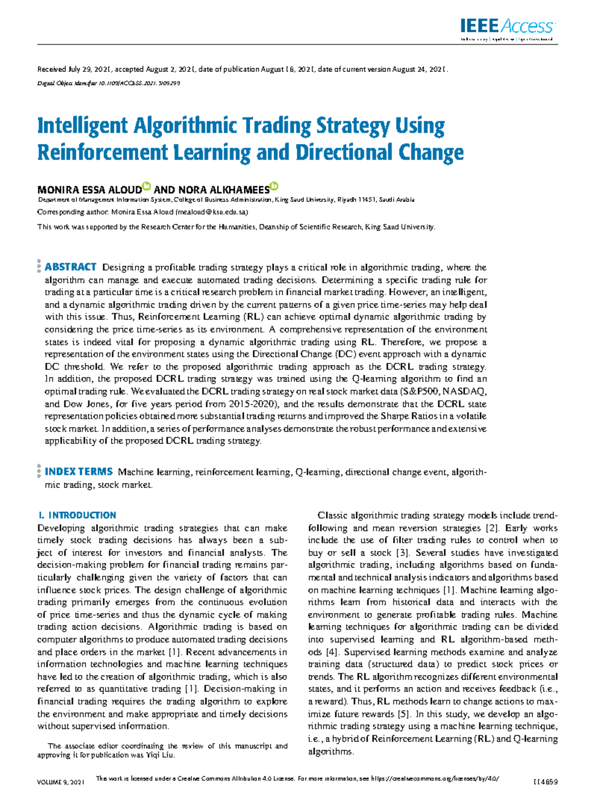 Intelligent Algorithmic Trading Strategy Using Reinforcement Learning and Directional Change ...
