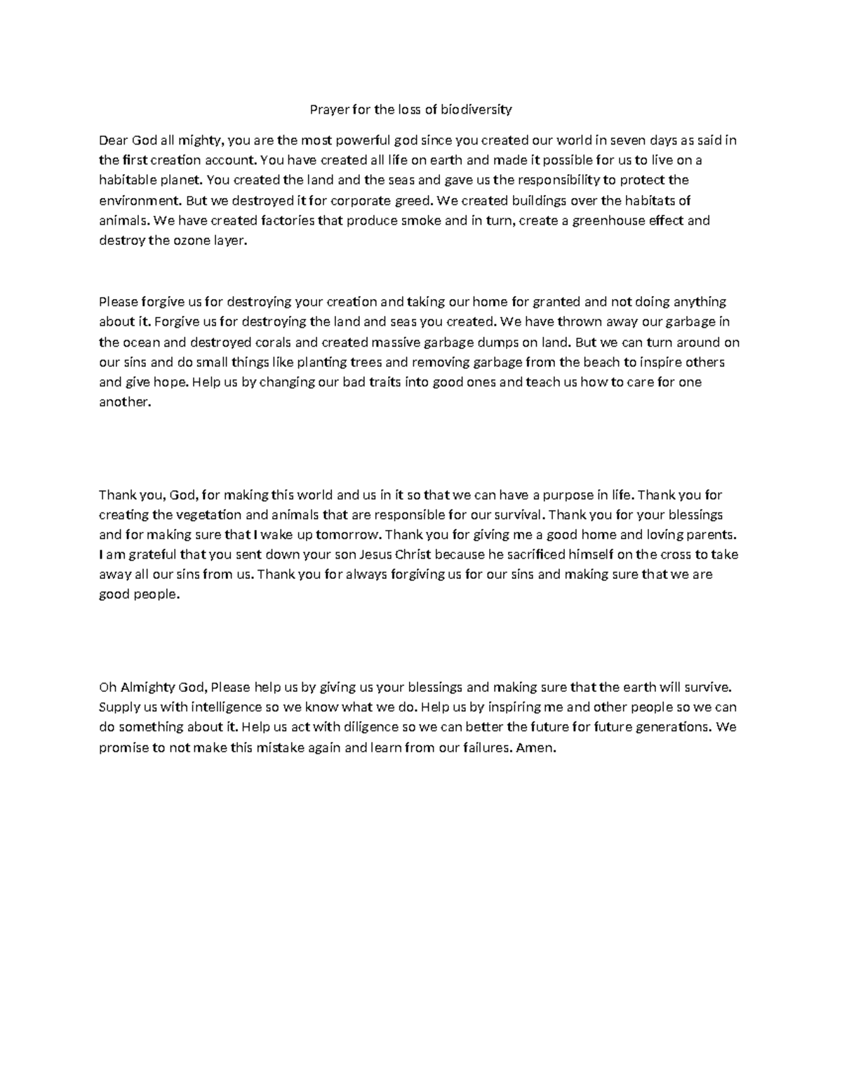 Essay for the biodiversity of earth - Prayer for the loss of ...