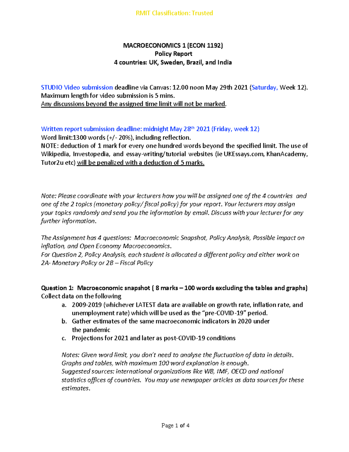 Final Assignment Macro 2021A - Canvas - MACROECONOMICS 1 (ECON 1192) Policy Report 4 countries ...