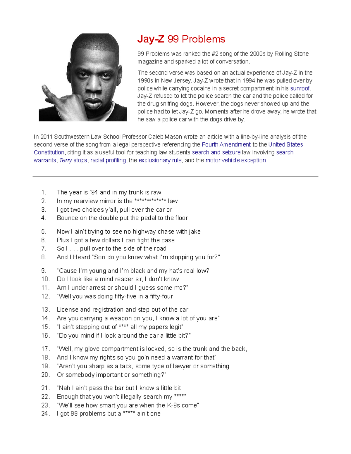 99 Problems Assignment - Jay-Z 99 Problems 99 Problems was ranked the ...