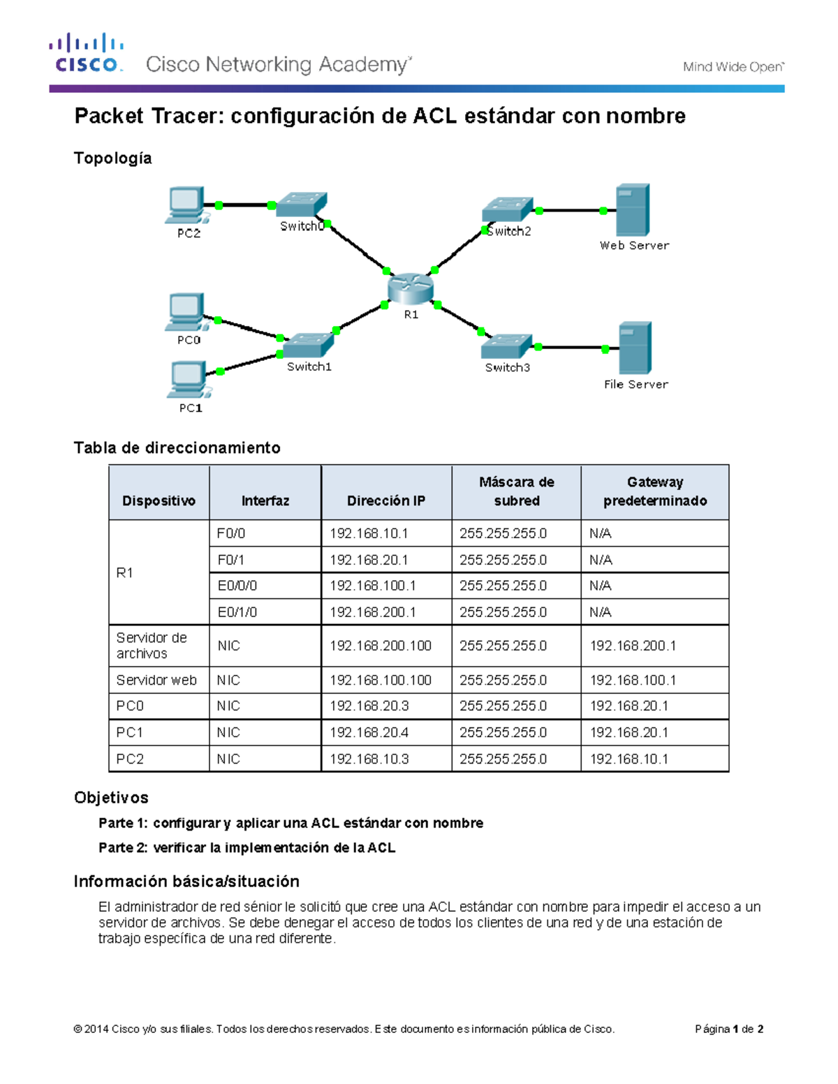 9.2.1.11 Packet Tracer - Configuring Named Standard ACLs Instructions ...