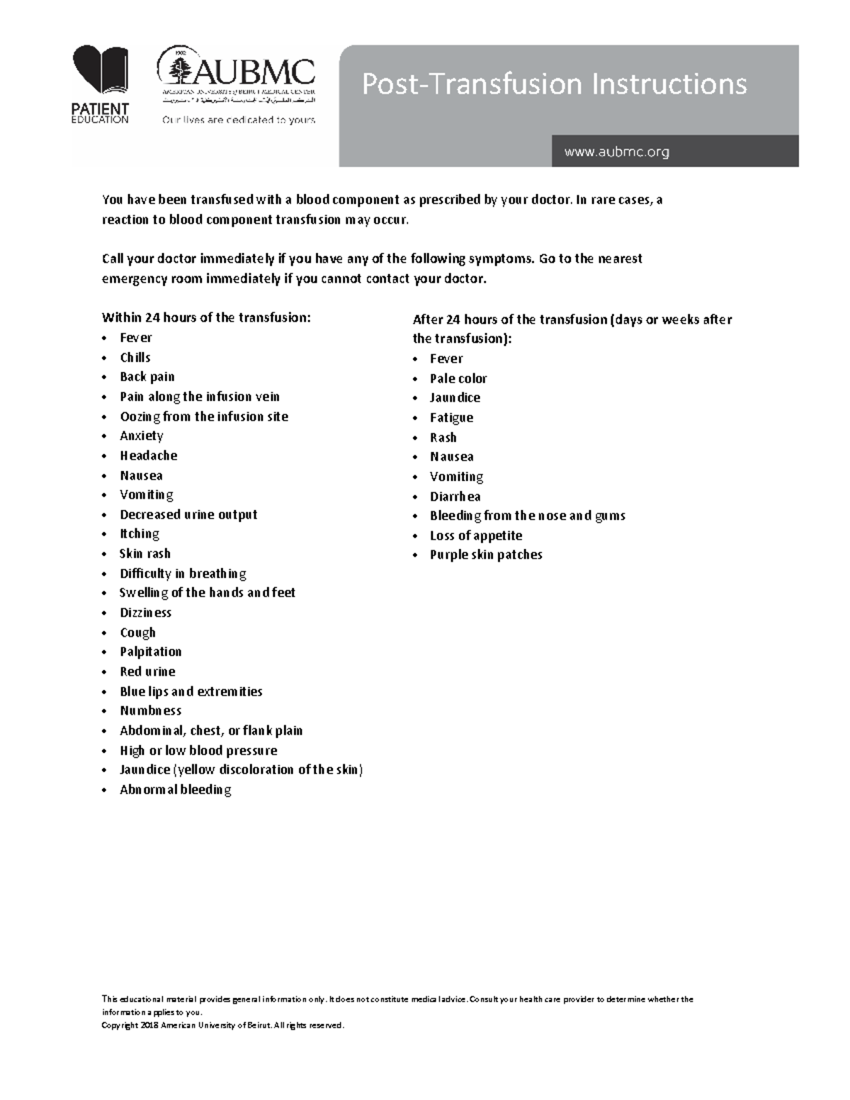 Post Transfusion Instructions English - You have been transfused with a ...