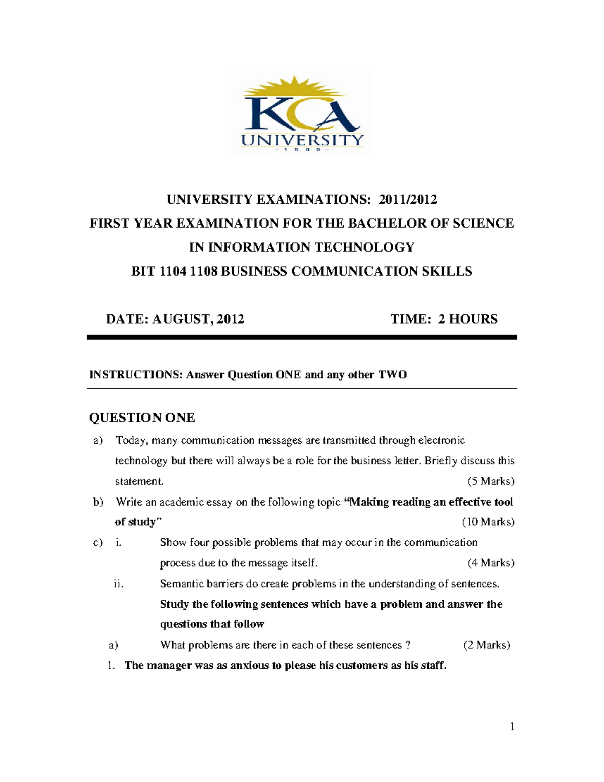 BIT 1104 1108 Business Communication Skills - 1 UNIVERSITY EXAMINATIONS ...