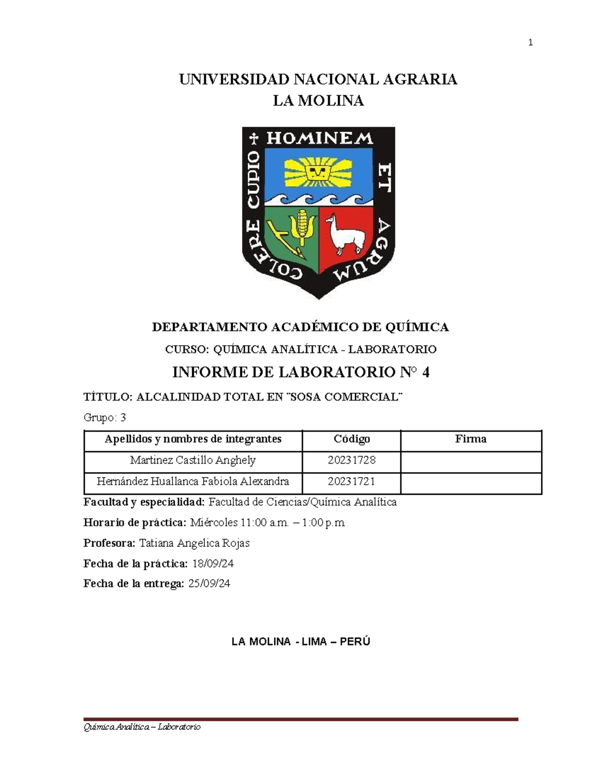 Informe LAB 4 - UNIVERSIDAD NACIONAL AGRARIA LA MOLINA DEPARTAMENTO ACADÉMICO DE QUÍMICA CURSO ...