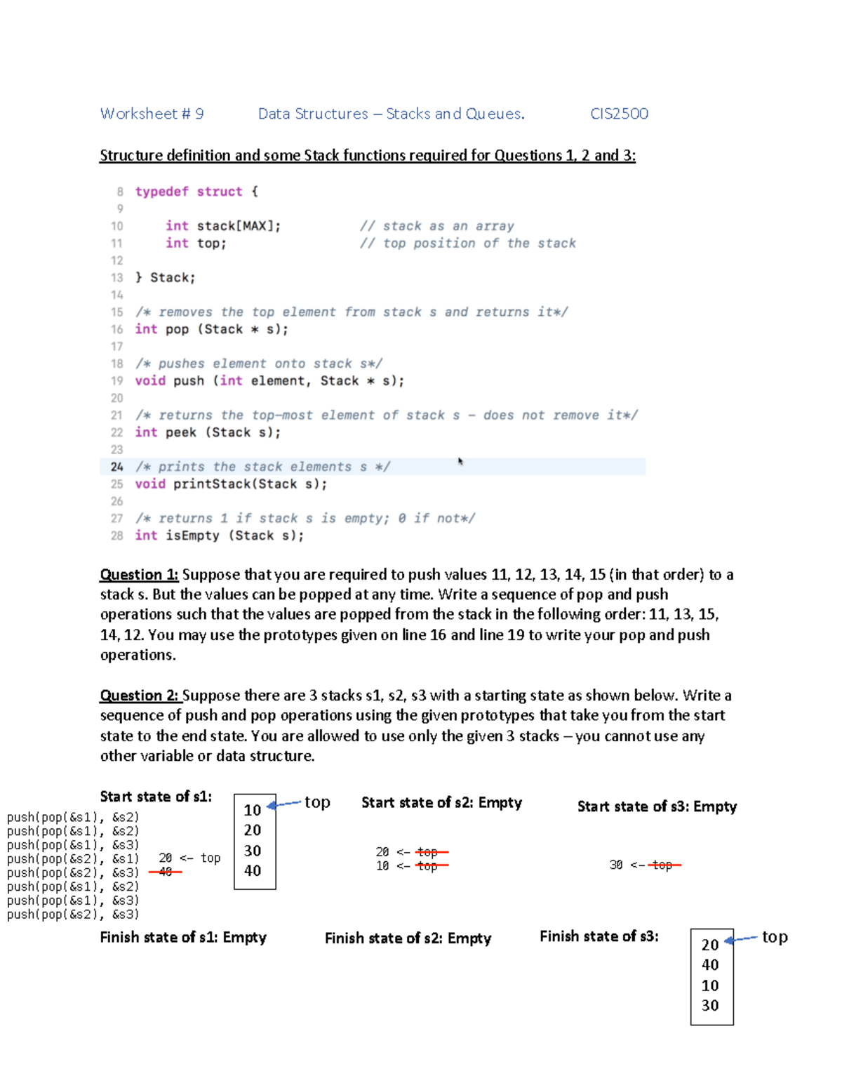 Worksheet 9 linked lists - Worksheet # 9 Data Structures – Stacks and ...