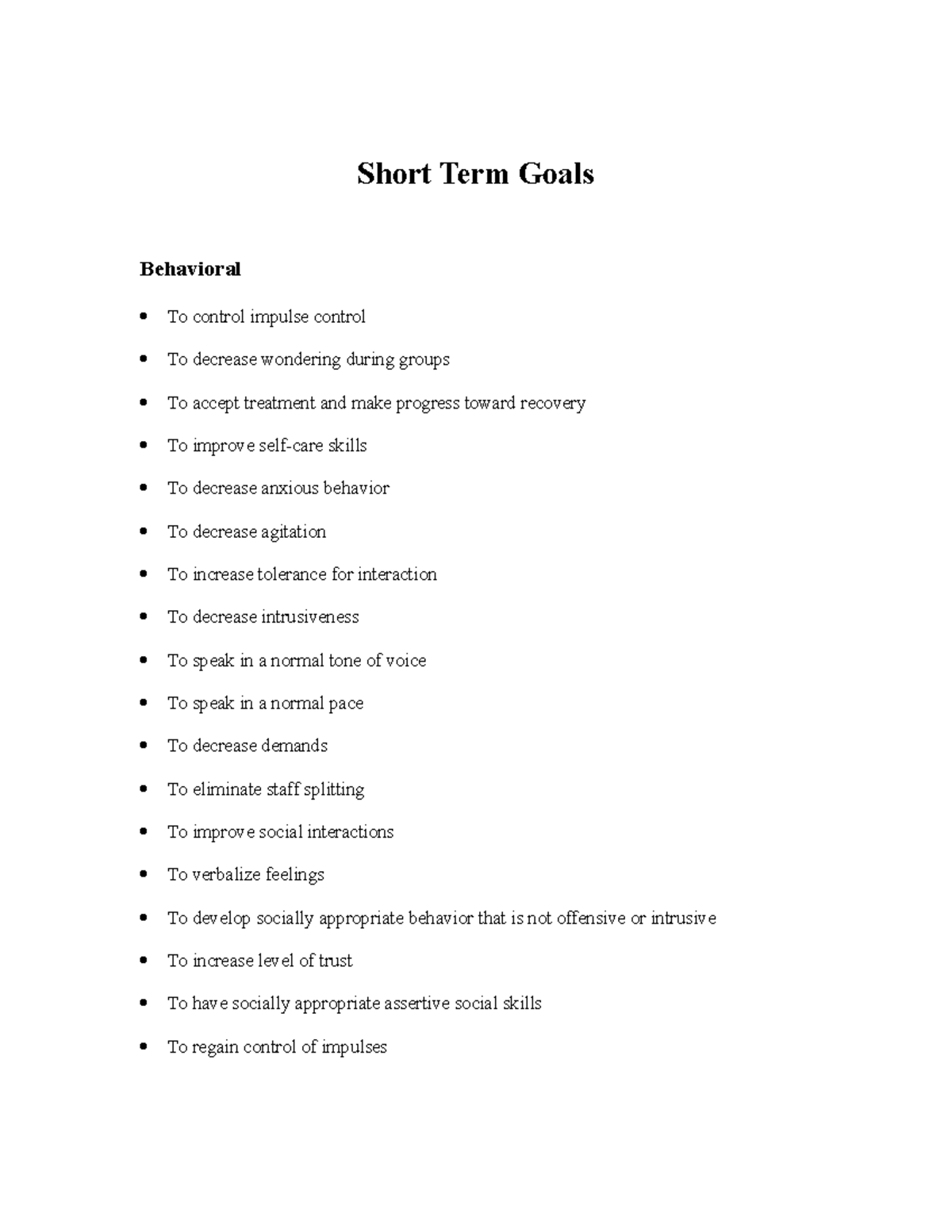 Short Term Goals - Lecture notes 3 - Short Term Goals Behavioral To ...