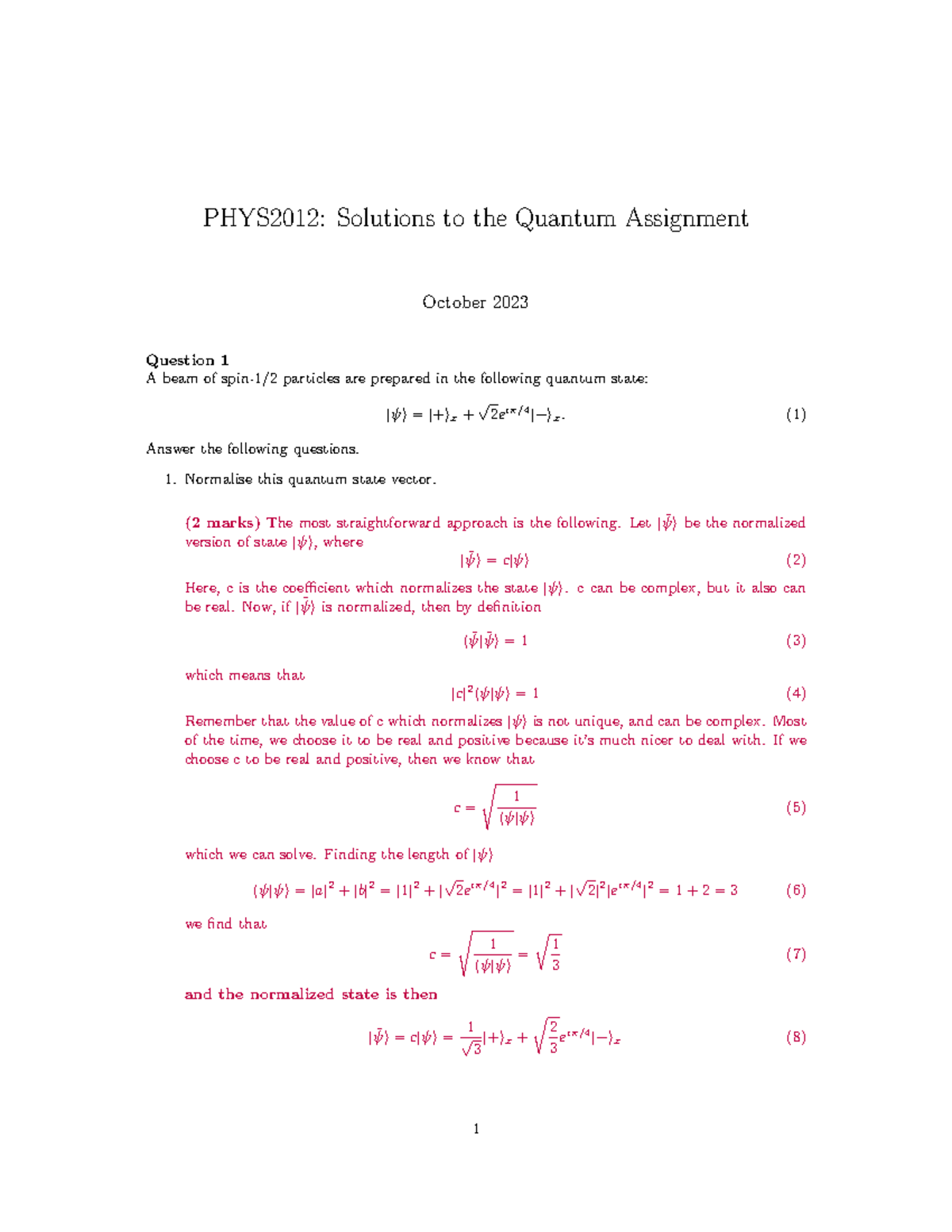 PHYS2012 2023 Assignment Solutions - PHYS2012: Solutions to the Quantum Assignment October 2023 ...