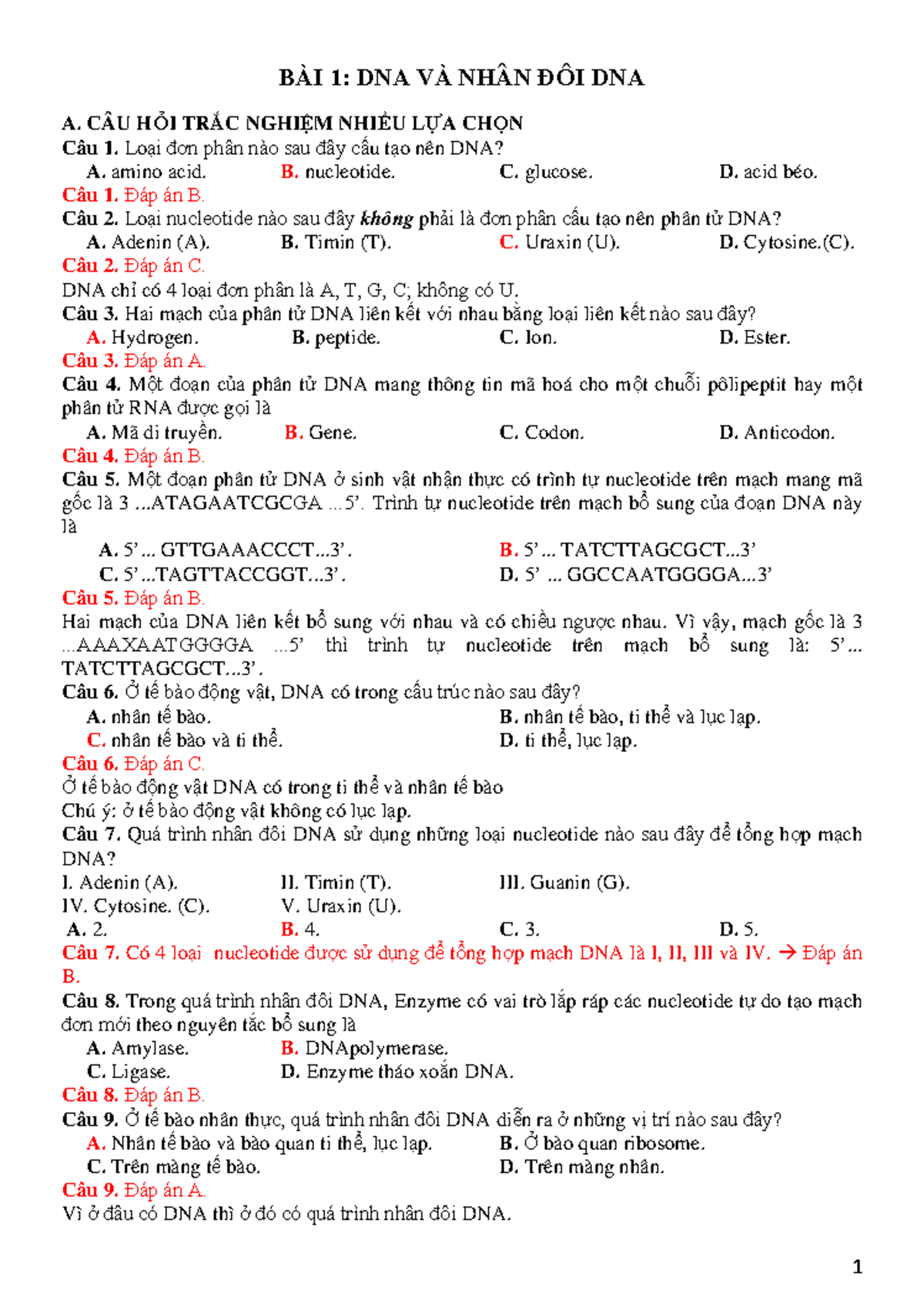 Bài 1. DNA và nhân đôi DNA (Bài tập) - Đáp án - BÀI 1: DNA VÀ NHÂN ĐÔI DNA A. CÂU HỎI TRẮC ...