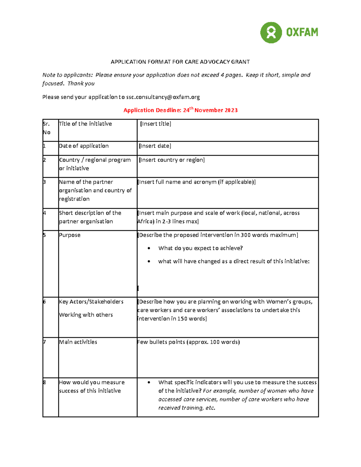 Oxfam APP Format - APPLICATION FORMAT FOR CARE ADVOCACY GRANT Note to ...
