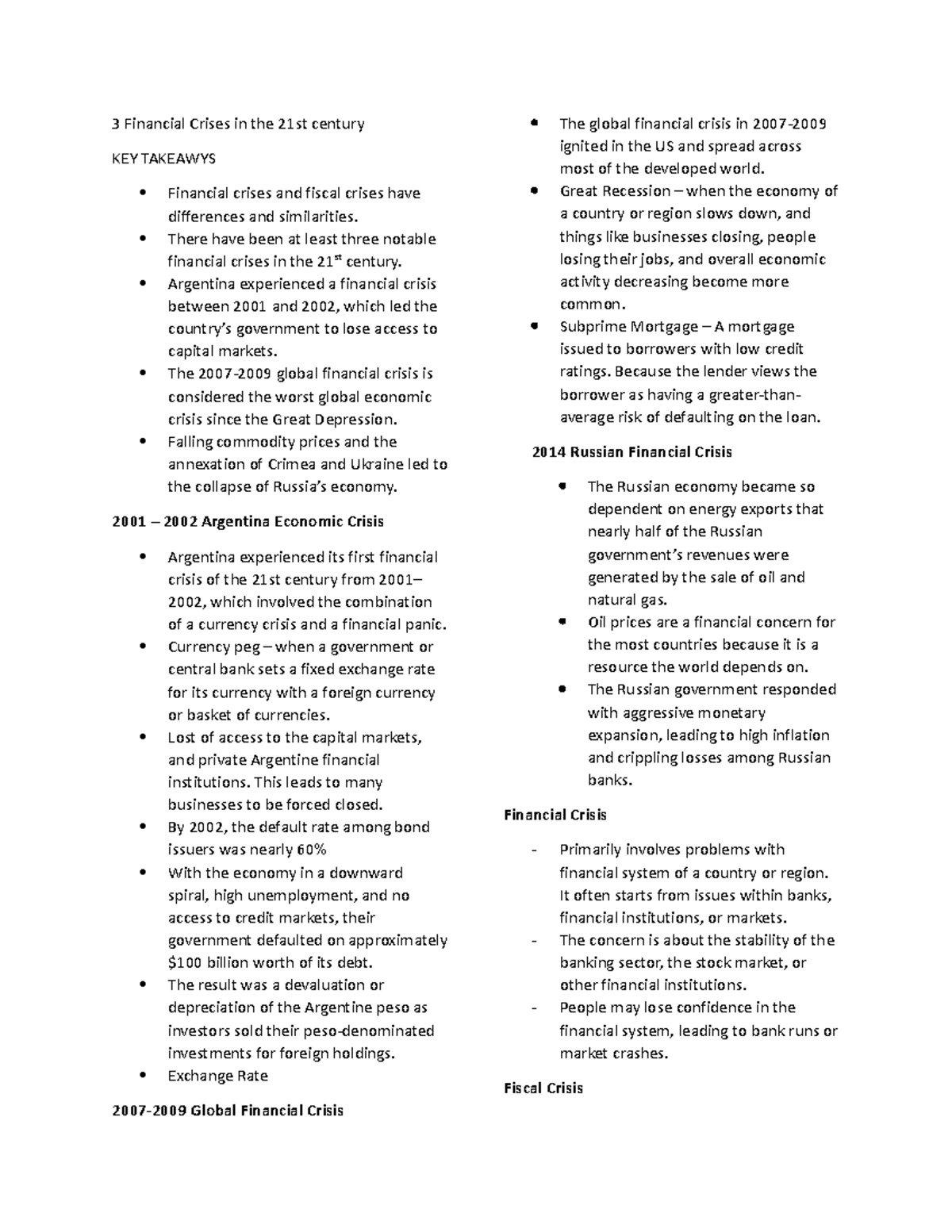 Economic Development - 3 Financial Crises in the 21st century KEY ...