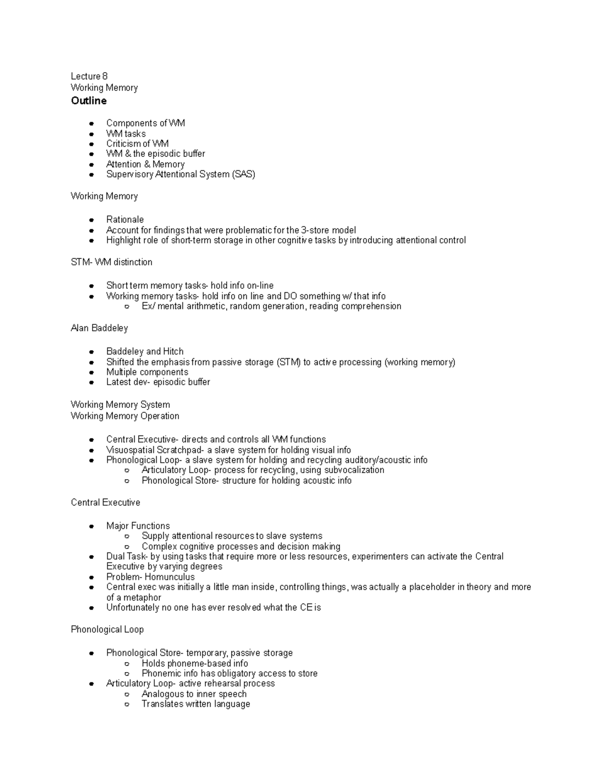 Lecture 8 Notes Lecture 8 Working Memory Outline Components Of Wm Wm Tasks Criticism Of Wm