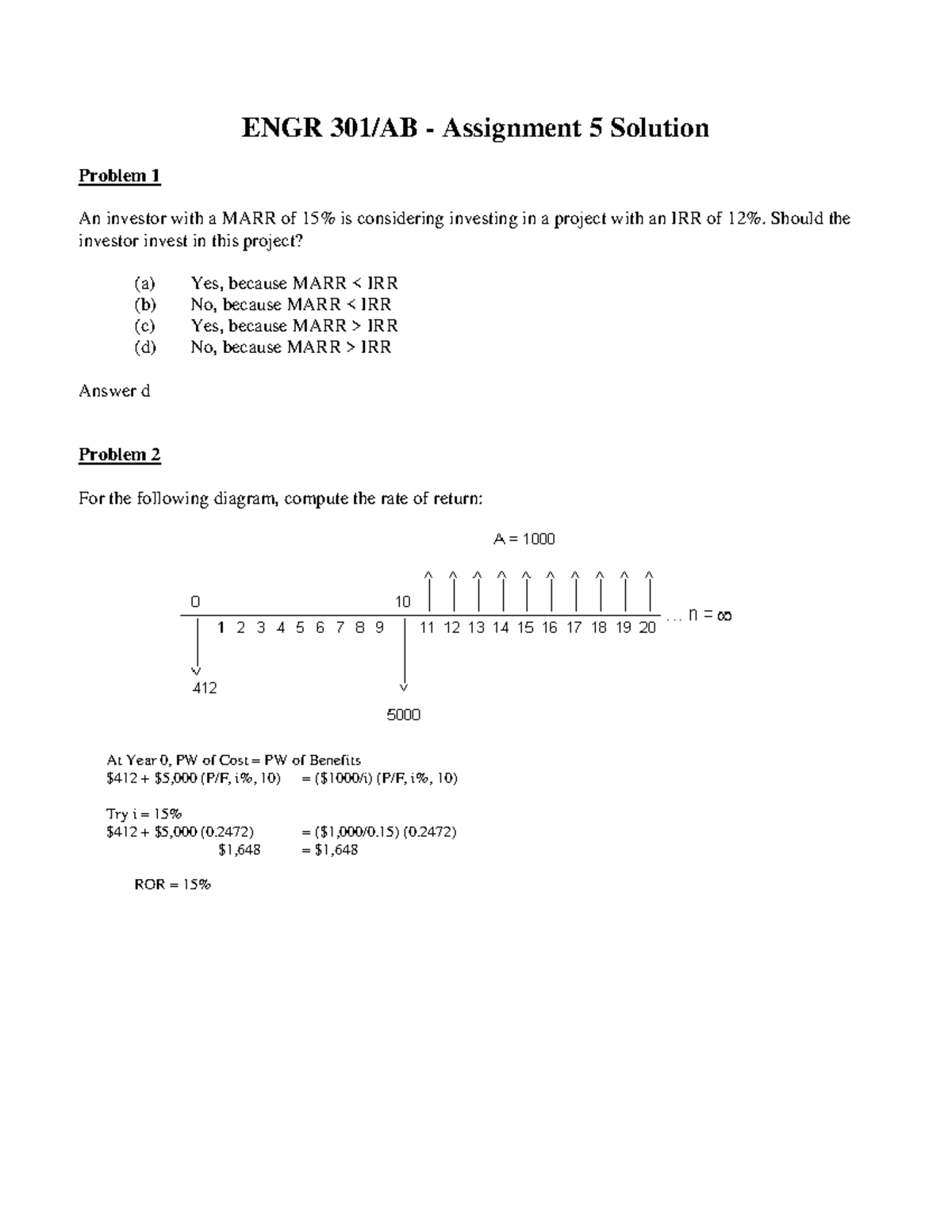 Seminar assignments - assignment 5 solution - ENGR Assignment 5 Solution Problem 1 An investor ...