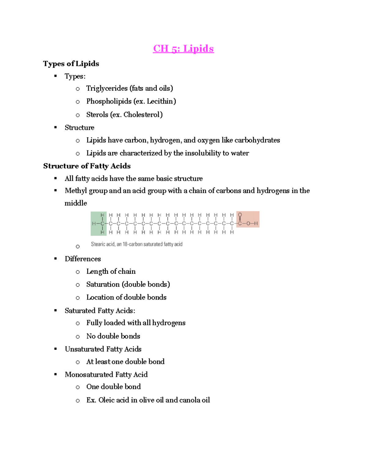 CH 5- Lipids - Notes from class - CH 5: Lipids Types of Lipids Types: o ...