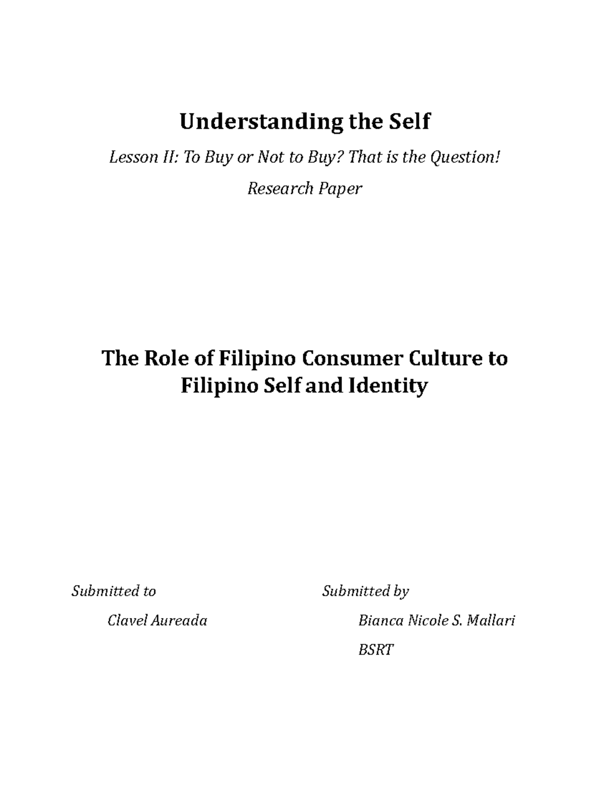 Understanding the Self - Understanding the Self Lesson II: To Buy or ...