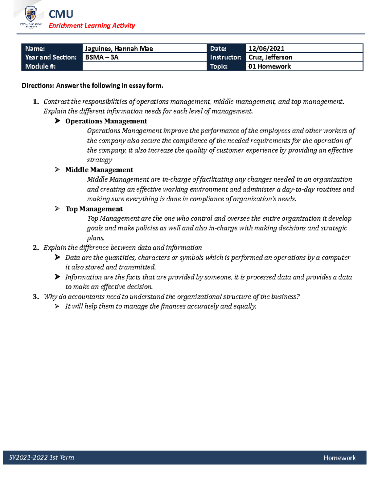 Accounting Information System - Name: Jaguines, Hannah Mae Date: 12/06 ...
