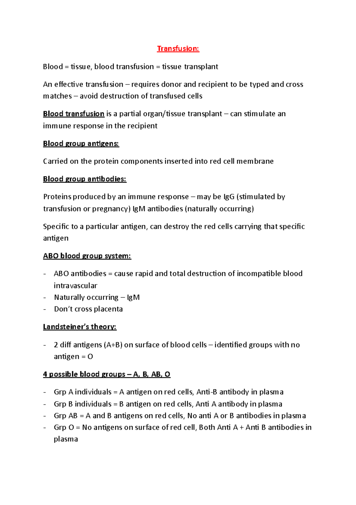 Blood transfusion - Lecture notes 2 - Transfusion: Blood = tissue ...