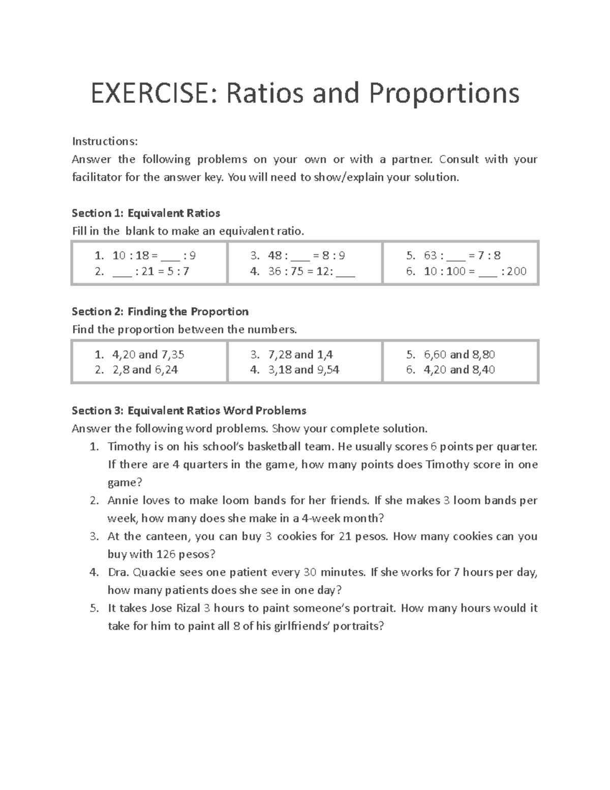 Ratios and Proportions - EXERCISE: Ratios and Proportions Instructions ...