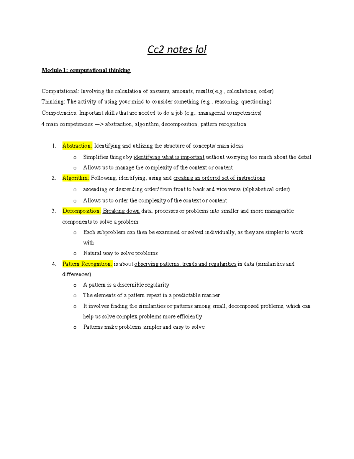 Cc2 Notes Summary Of Main Pointers From Lecture Content Cc2 Notes Lol Module 1