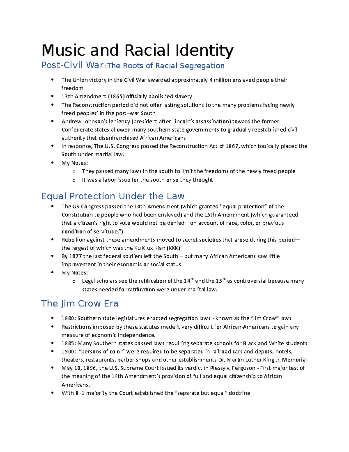Module 1 MUS 301 Notes - Music and Racial Identity Post-Civil War :The ...
