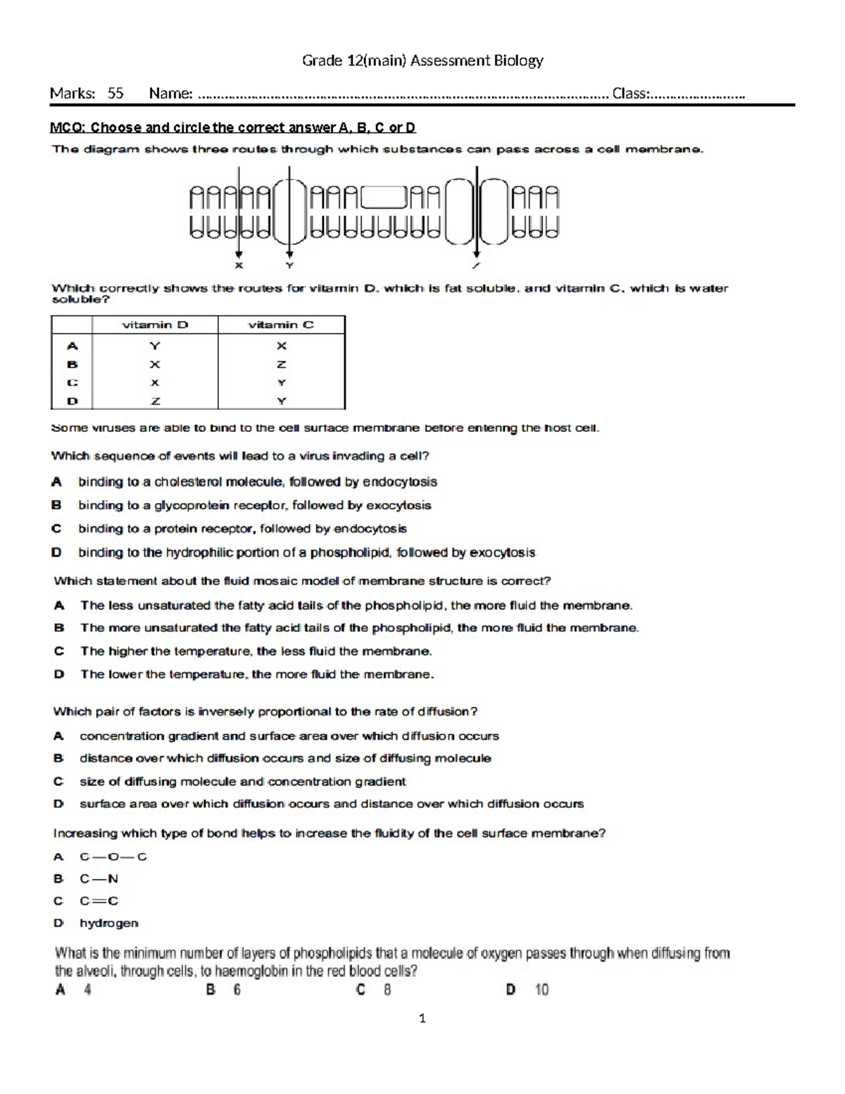 Cell membrane - Grade 12(main) Assessment Biology Marks: 55 Name: - Studocu