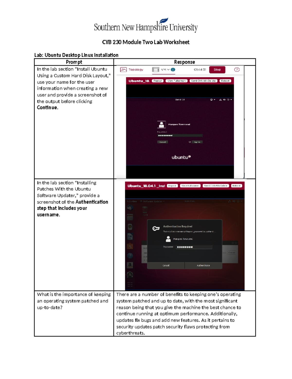 CYB230 Mod 2 Lab - CYB 230 Module Two Lab Worksheet Lab: Ubuntu Desktop ...