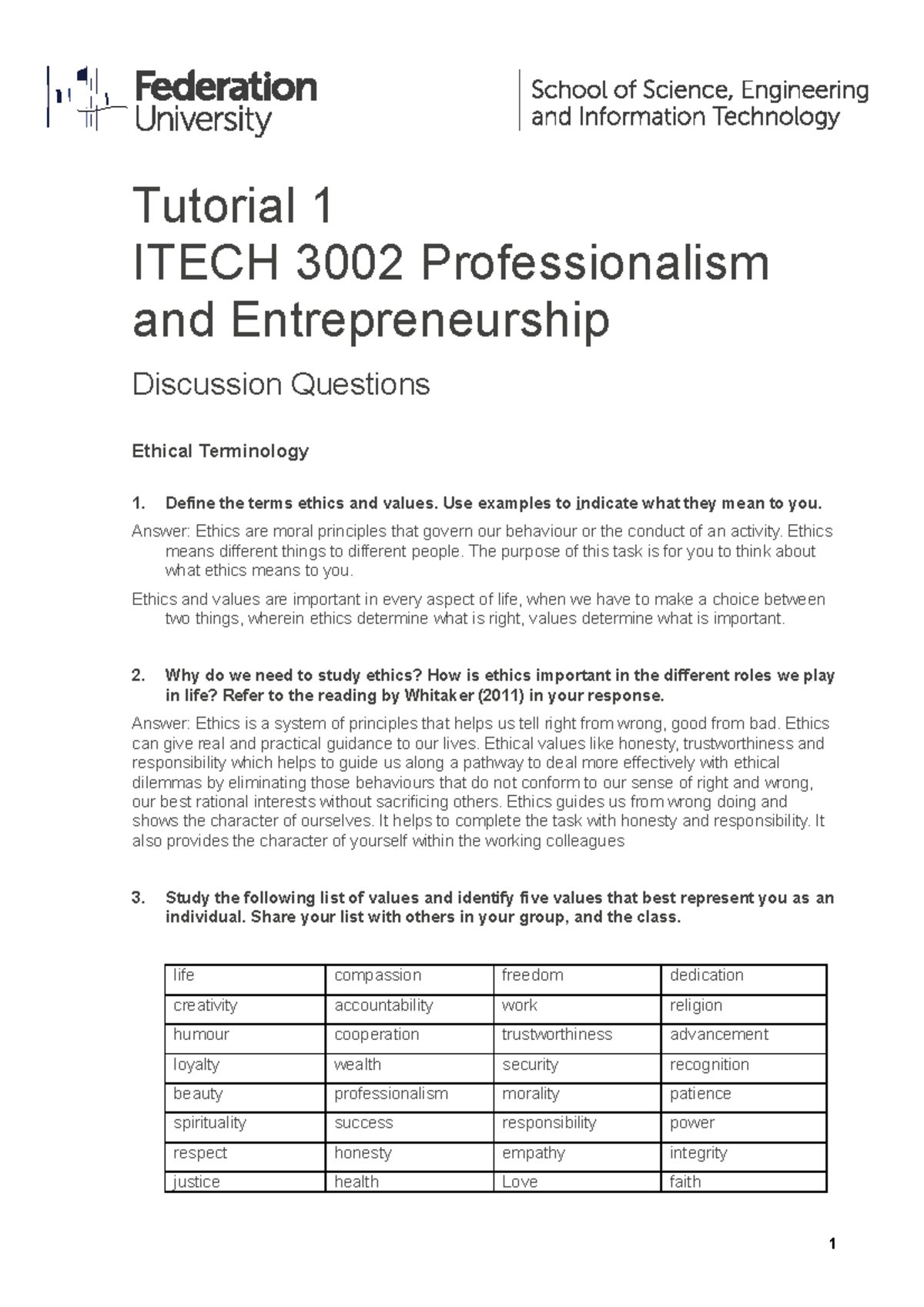 Week 1 activity for tutorial - Tutorial 1 ITECH 3002 Professionalism ...