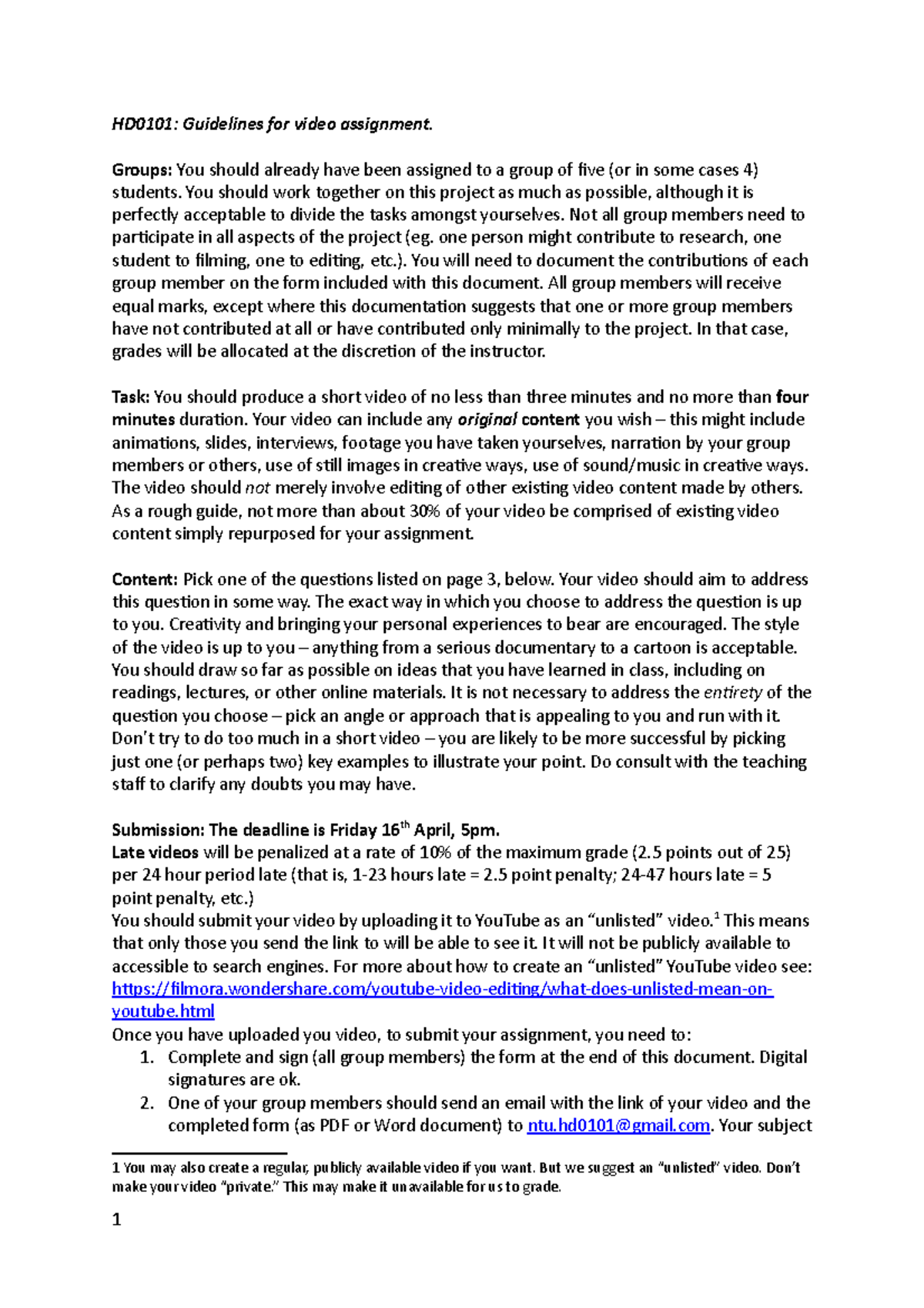 HD0101 - video assignment guidelines - HD0101: Guidelines for video ...