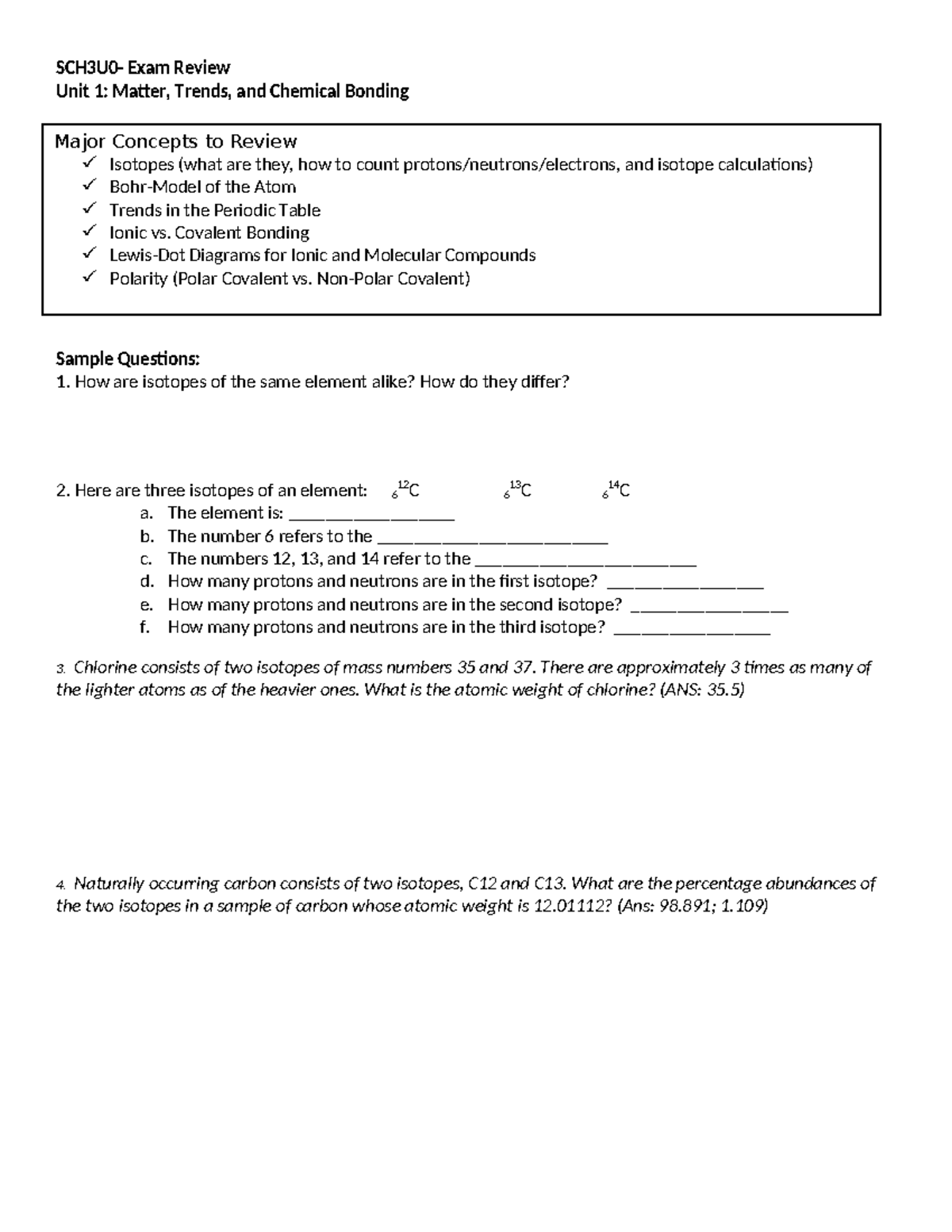 SCH3U-Unit 1 Exam Review - SCH3U0- Exam Review Unit 1: Matter, Trends ...