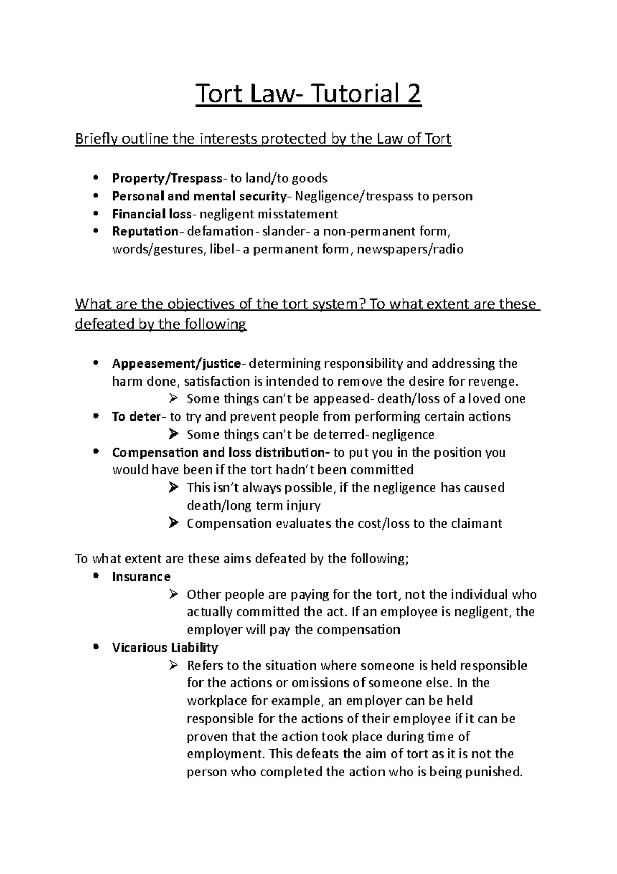 Tort Law- tutorial 2 - Tort Law- Tutorial 2 Briefly outline the ...