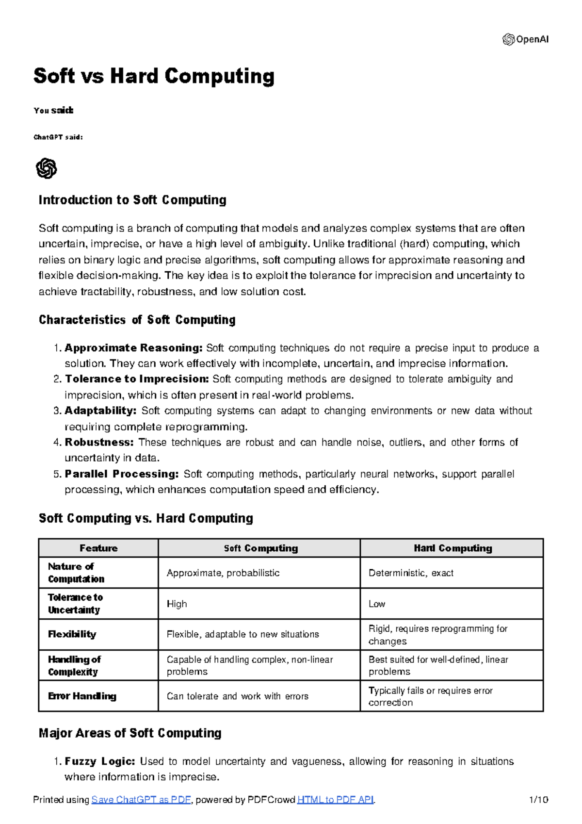 SC-unit-1 - unit 1 - Soft vs Hard Computing You said: ChatGPT said: Introduction to Soft ...