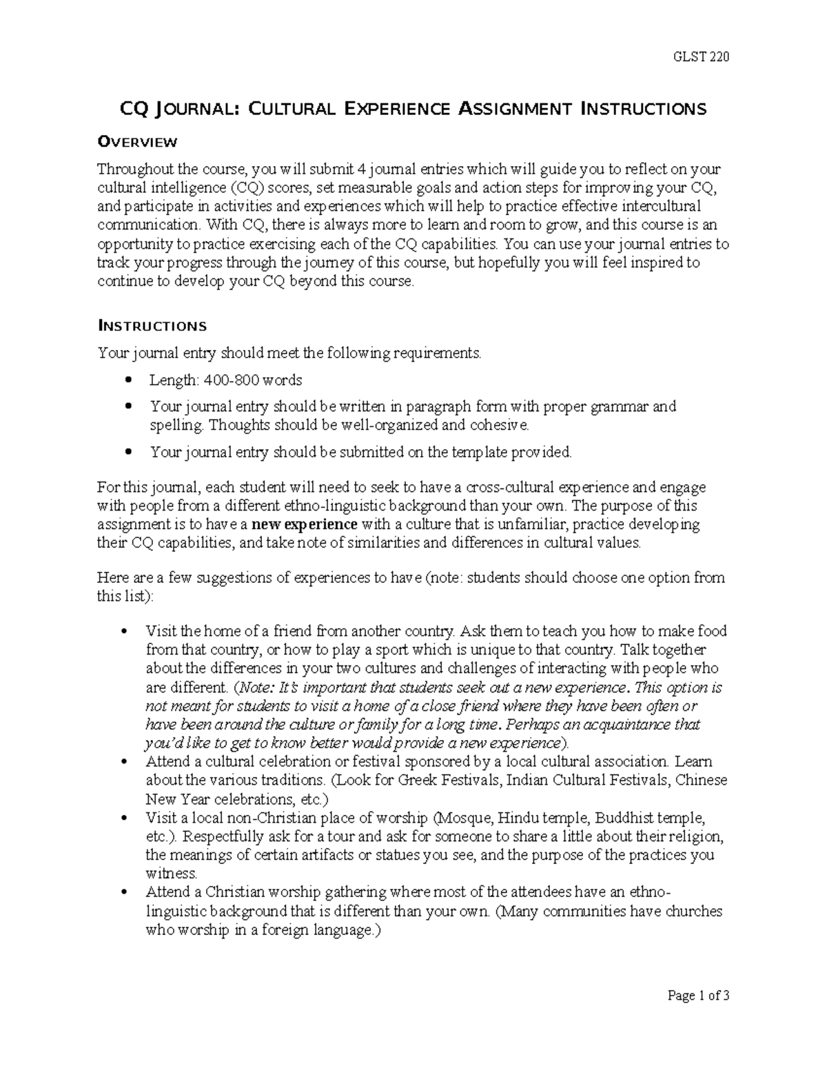 CQ Journal Cultural Experience Assignment Instructions - GLST 220 CQ JOURNAL: CULTURAL ...