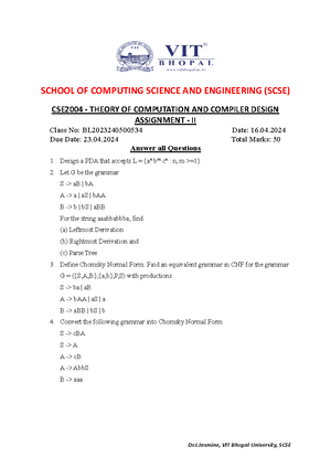 Compiler design ass1 - Theory of Computation and Compiler Design - Studocu