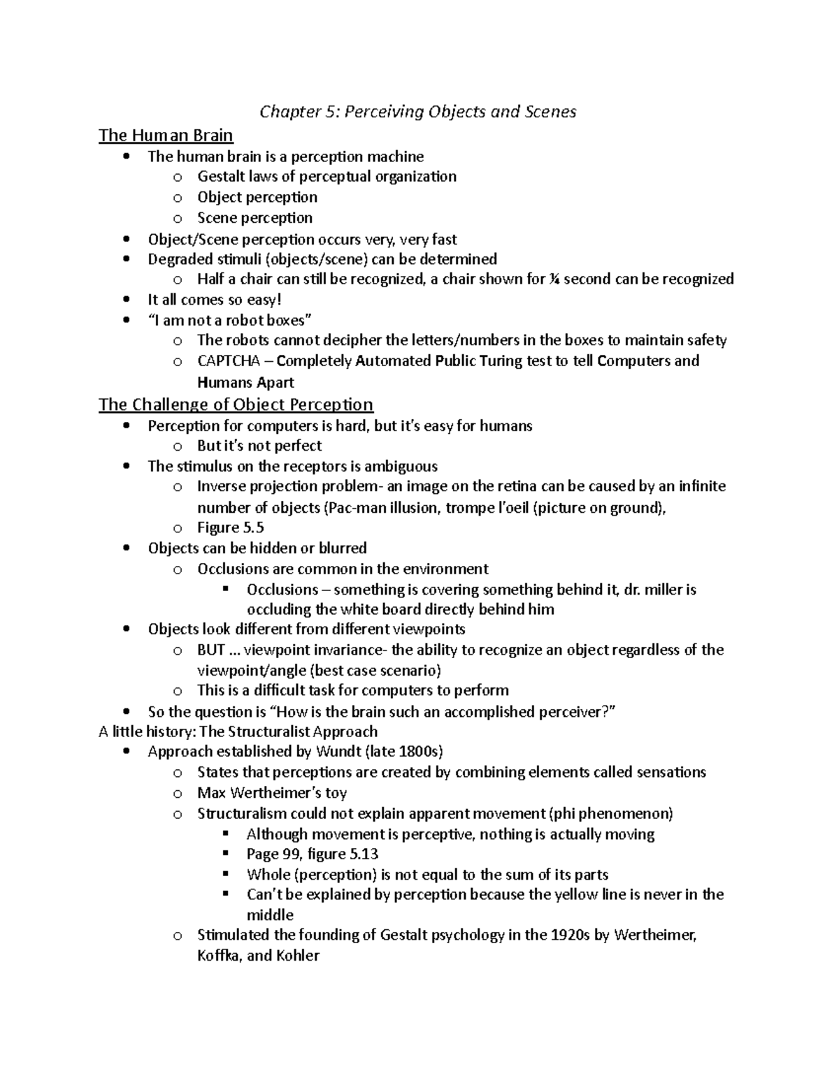 Chapter 5 - Notes with Professor Miller - Chapter 5: Perceiving Objects ...