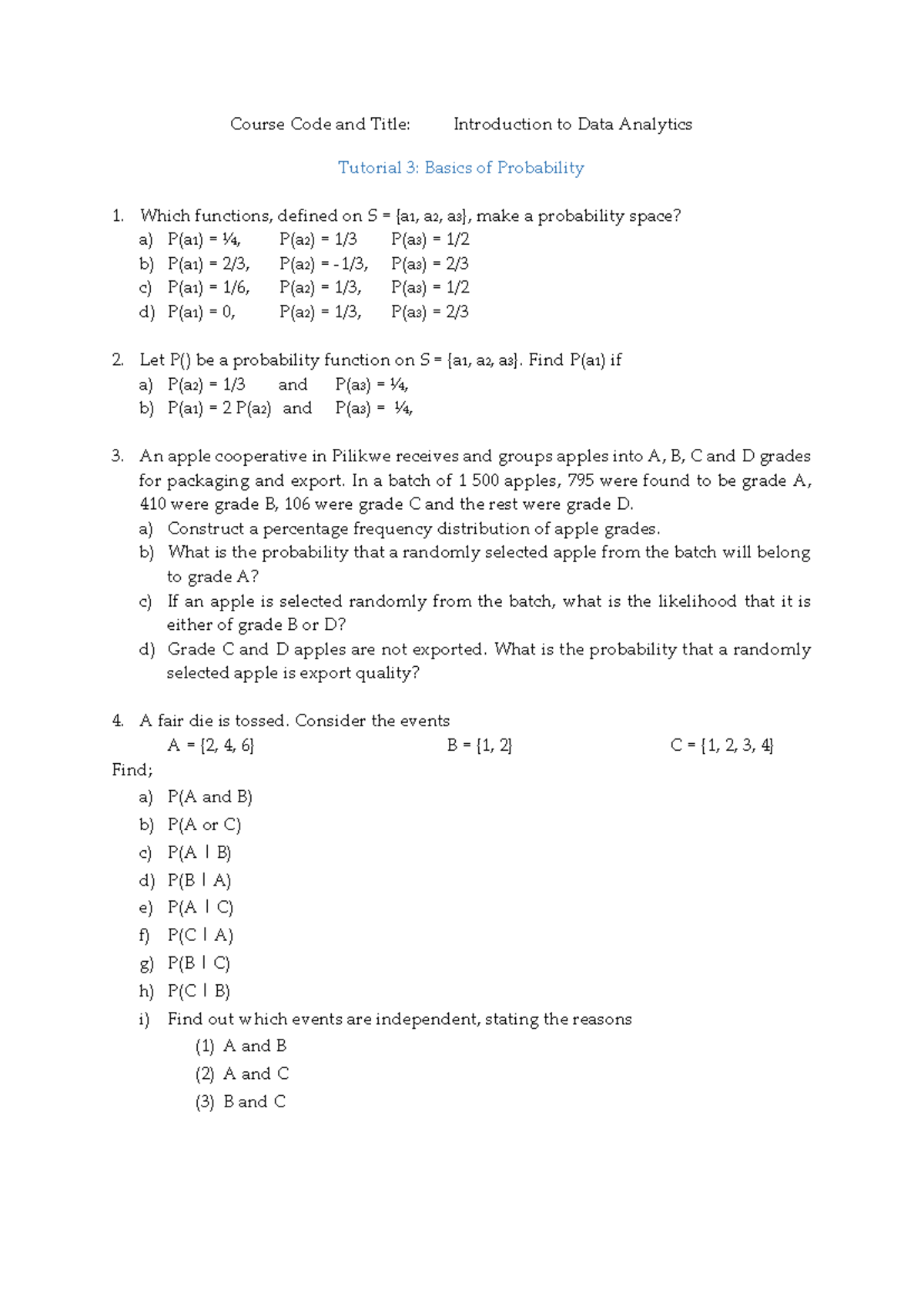 Tutorials Probability - Course Code and Title: Introduction to Data Analytics Tutorial 3 ...