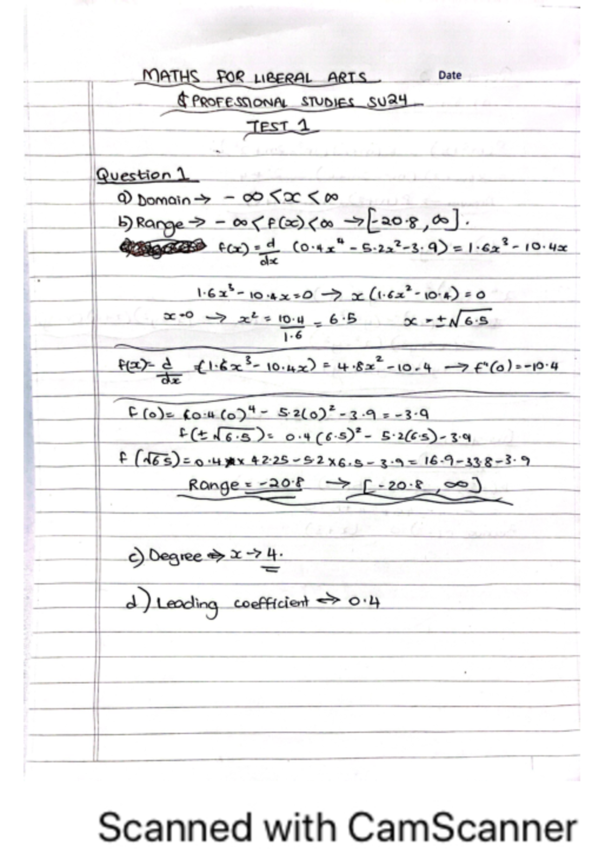 Math Term Test Bianca Mehta - MATHS FOR LIBERAL ARTS Date PROFESSIONAL ...
