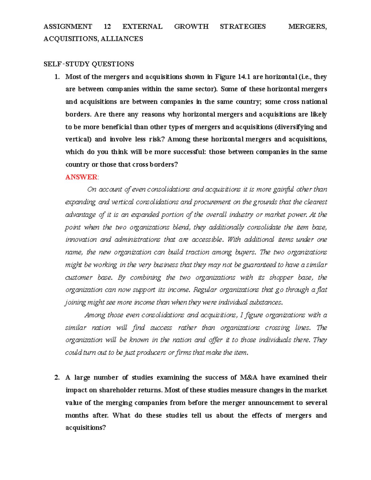 Assignment 12 External Growth Strategies Mergers, Acquisitions ...