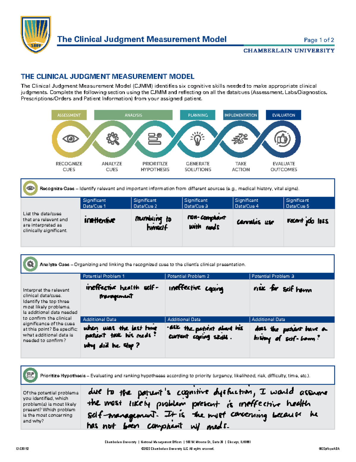 Clinical Judgment Measurement Model sheet - 12-220192 ©2022 Chamberlain ...