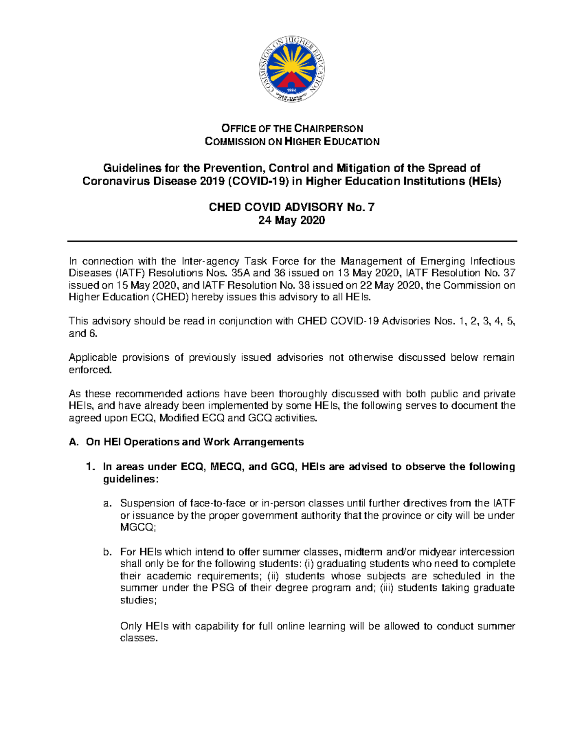 CHED Advisory 7 final - MATERIALS OR INTERNSHIP GUIDELINES FOR HIGHER ...