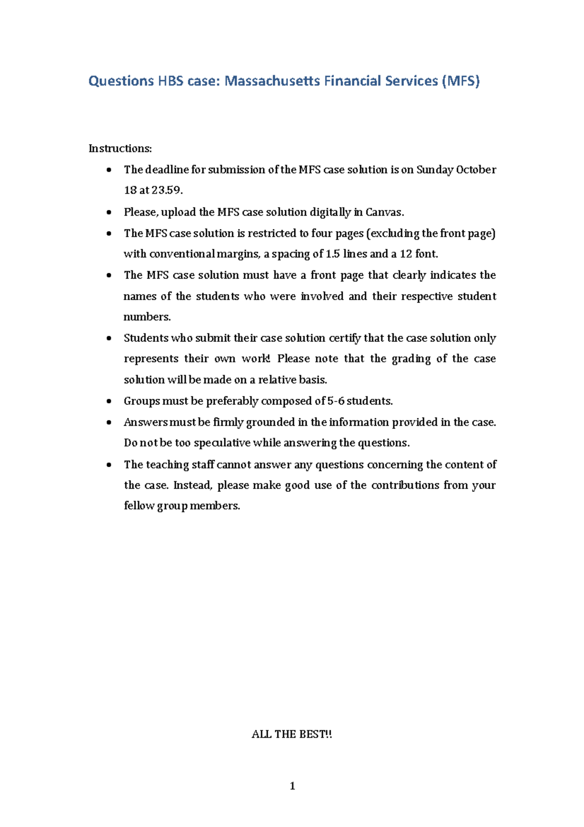 MFS Case Questions - Vragen - 1 Questions HBS case: Massachusetts ...