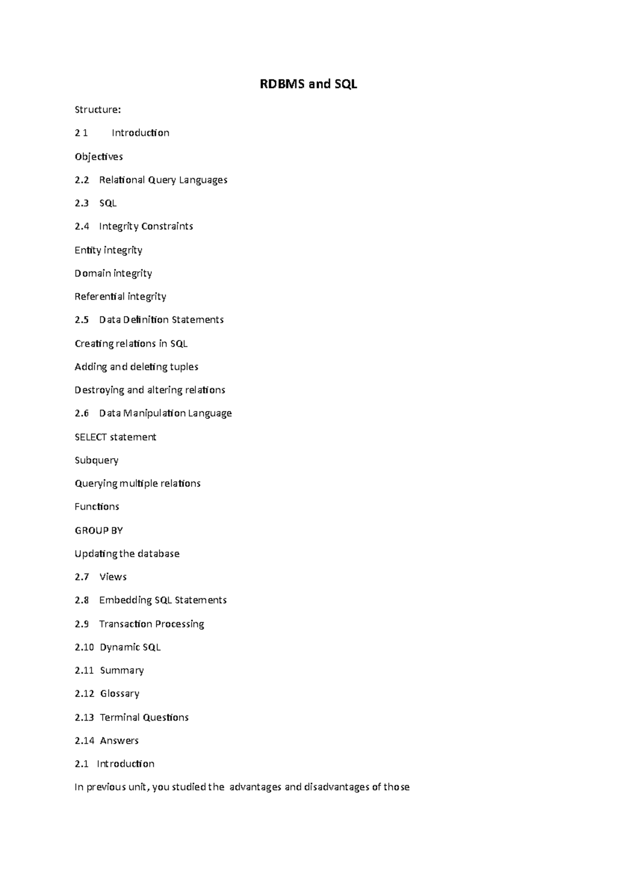 Rdbms and SQL - RDBMS and SQL Structure: 2 1 Introduction Objectives 2 Relational Query ...