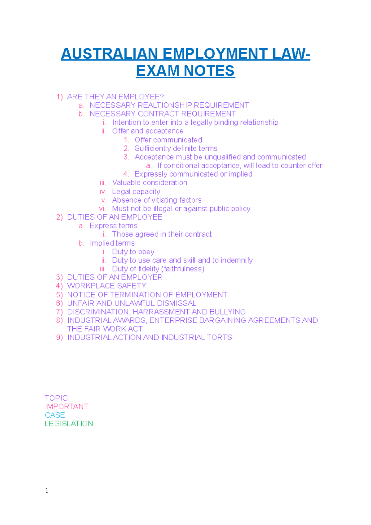 Australian Employment Law- Lecture Notes - AUSTRALIAN EMPLOYMENT ...