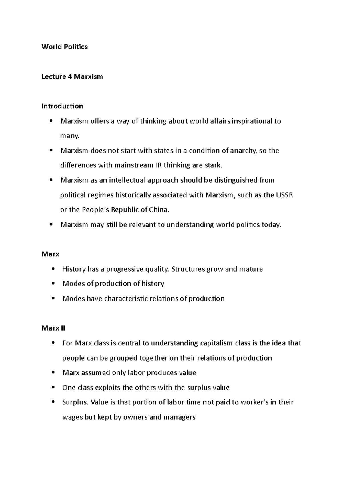 Lecture 4 Marxism - Notes - World Politics Lecture 4 Marxism ...
