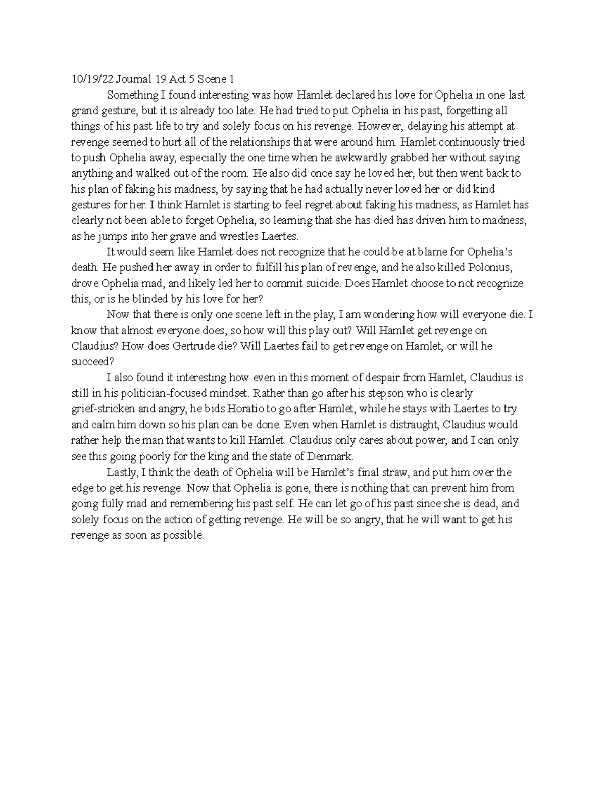 Journal Entry Shakespeare Hamlet Act 5 Scene 1 - 10/19/22 Journal 19 ...