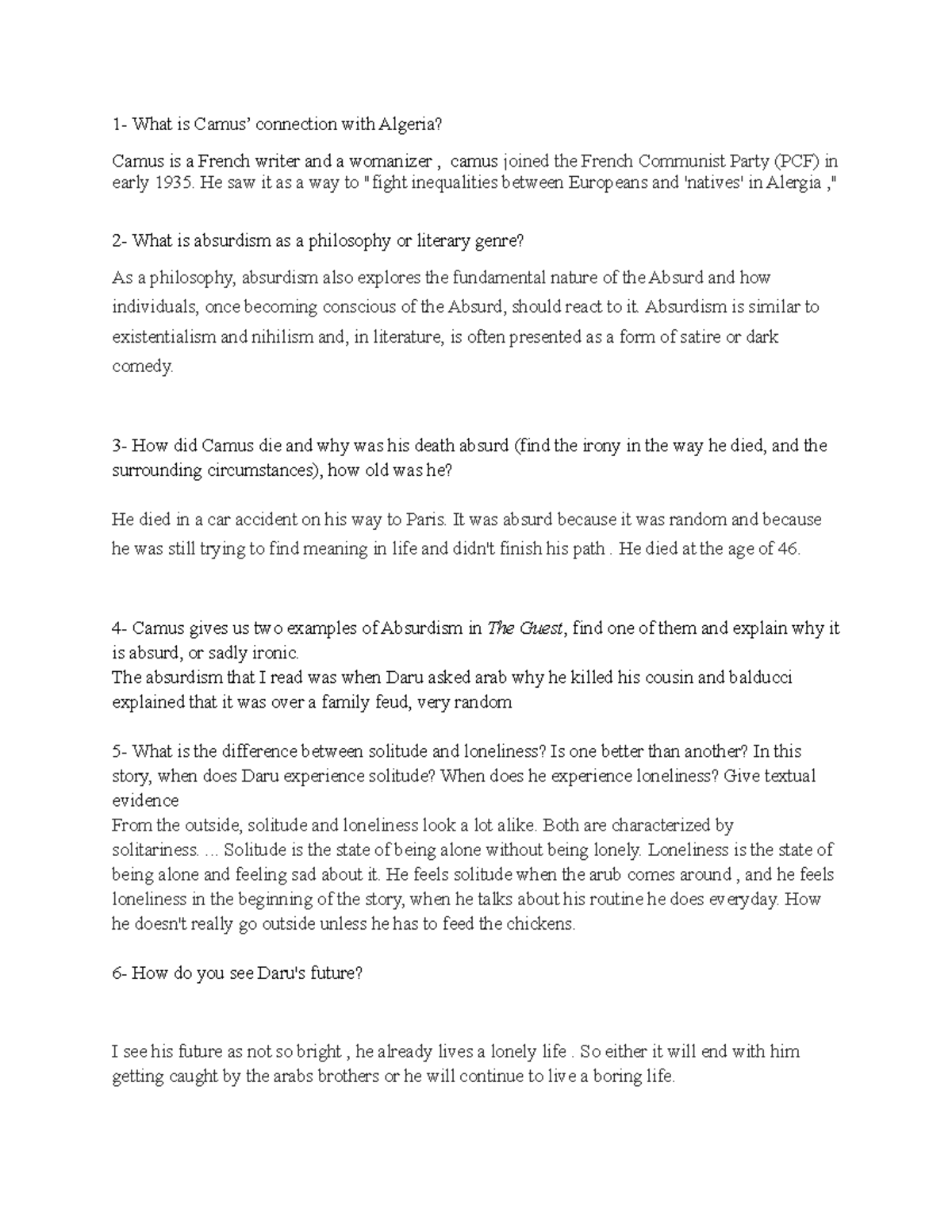 Taniya hall 8 - notes - 1- What is Camus’ connection with Algeria ...