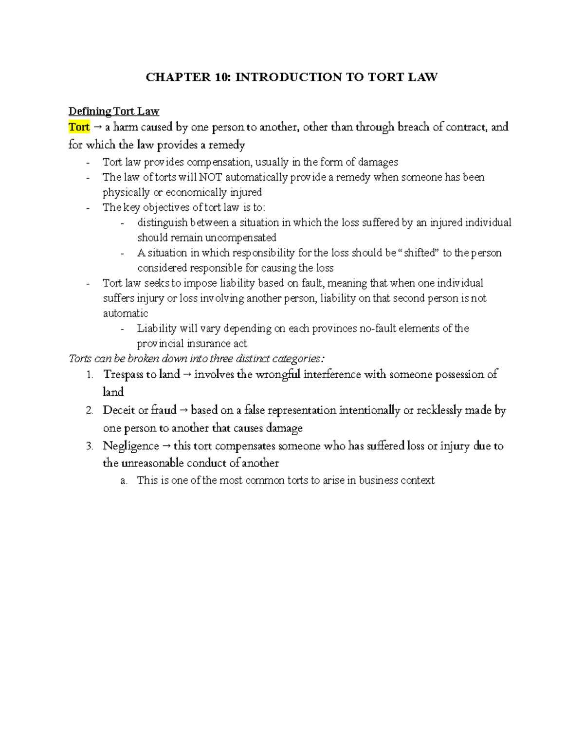 Chapter 10 - CHAPTER 10: INTRODUCTION TO TORT LAW Defining Tort Law ...